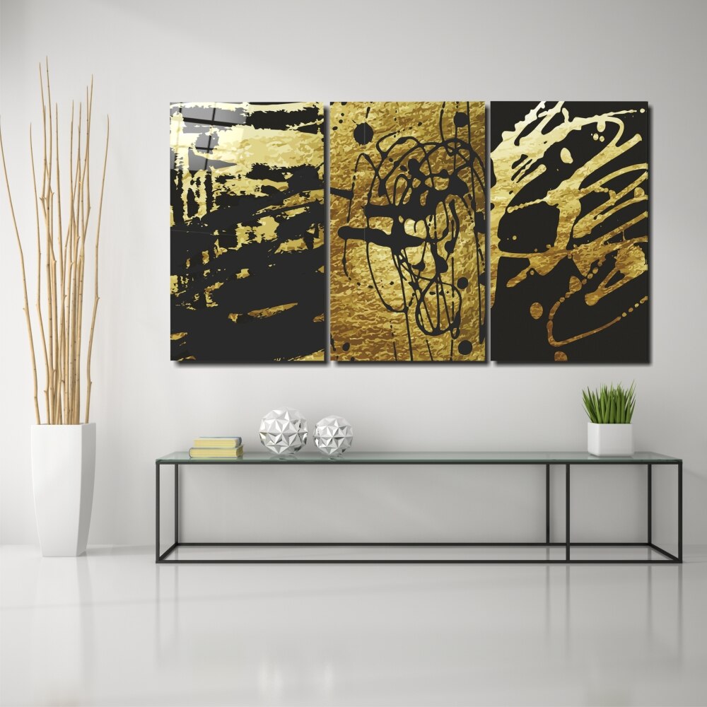 Set 3 tablouri din sticla securizata, Abstract Doodles, 72x46 cm, Negru ...