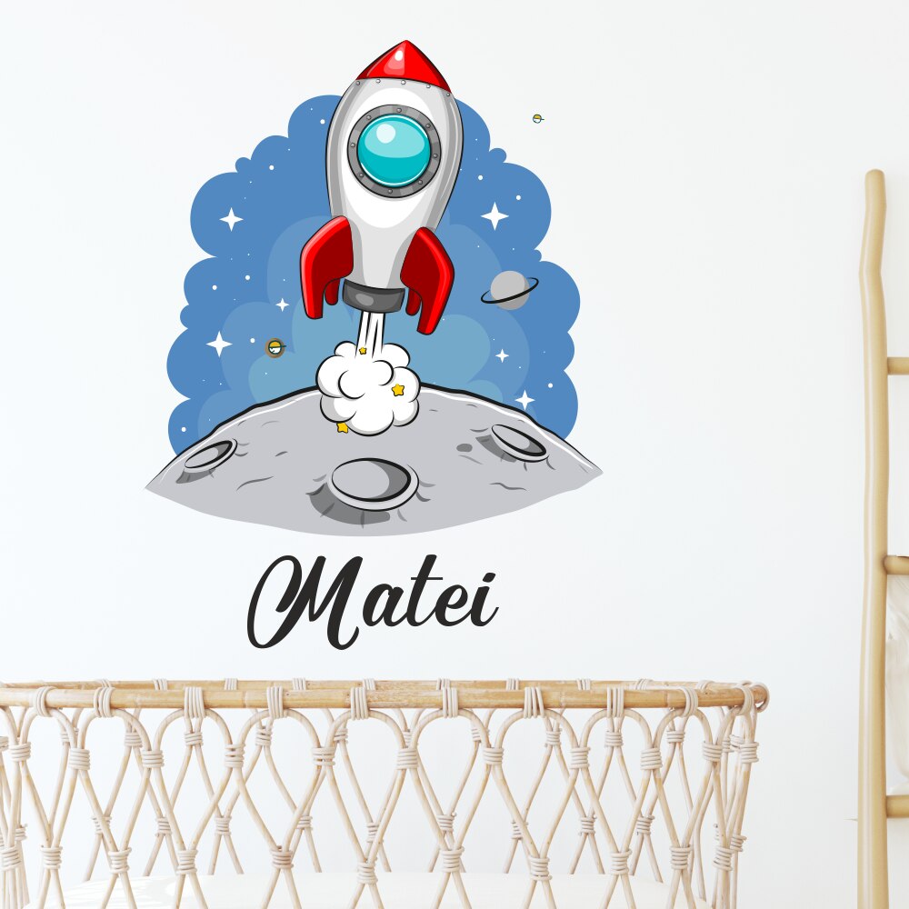 Sticker perete, Priti Global, personalizat cu nume, racheta pe luna ...