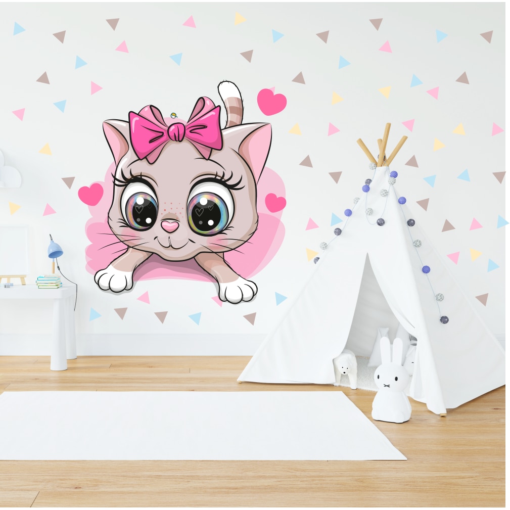 Sticker perete, Priti Global, pisica cu fundita, 57x77 cm - eMAG.ro