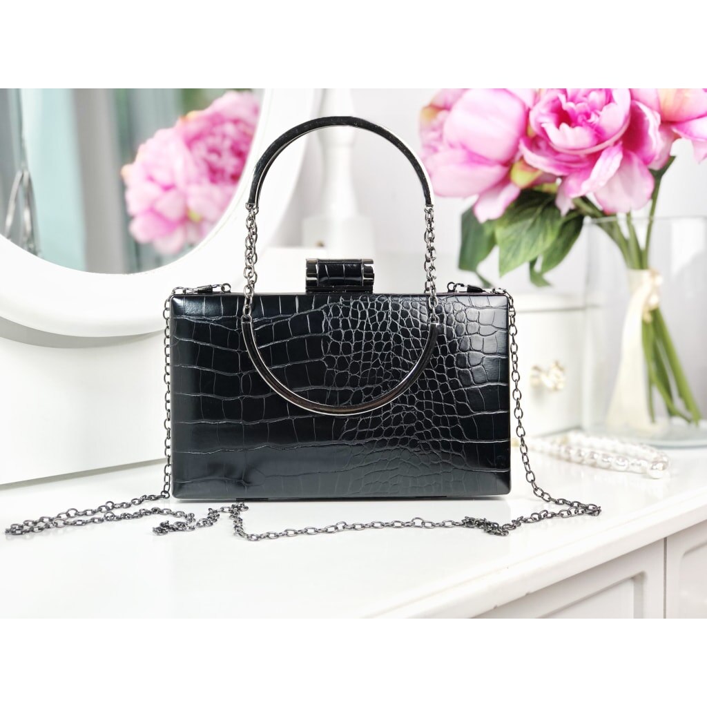 Poseta clutch neagra piele eco cu imprimeu croco Alexis - eMAG.ro