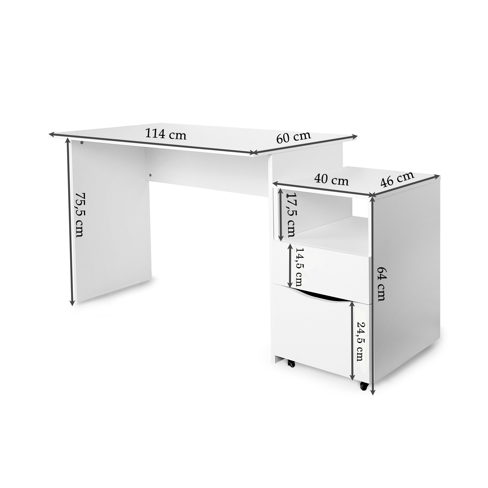 Set birou cu dulap pe roti, Leomark, Alb, 114 cm x 60 cm x 75,5 cm ...