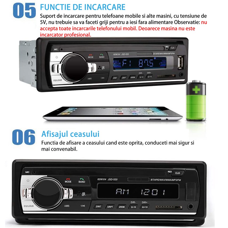 Radio auto, MP3 player, Bluetooth/Telecomanda/AUX/SD/USB, Stereo, 4x60W ...