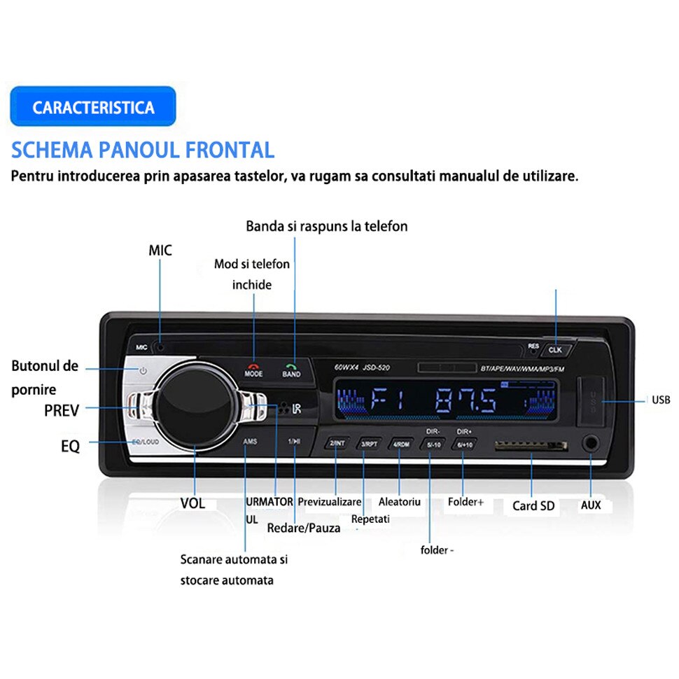 Radio auto, MP3 player, Bluetooth/Telecomanda/AUX/SD/USB, Stereo, 4x60W ...