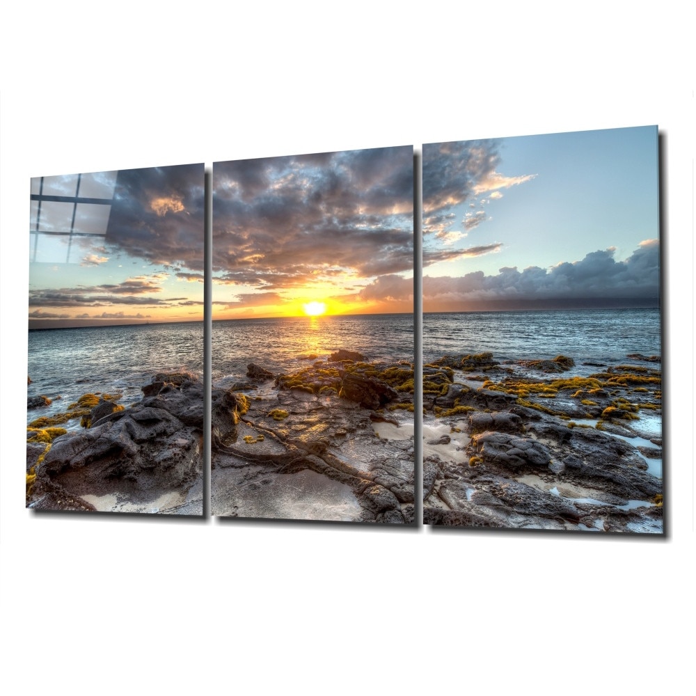 Set 3 tablouri din sticla securizata, Model apus, 110x70 cm, Multicolor ...
