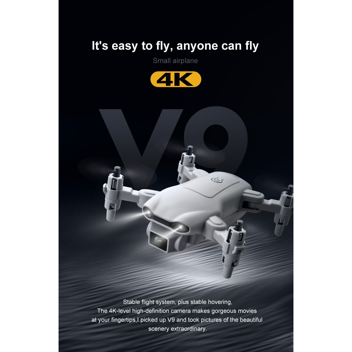 Drona V9 model gri cu LED, camera duala 4K, conectivitate Wifi si transmisie pe telefon, rulare ...