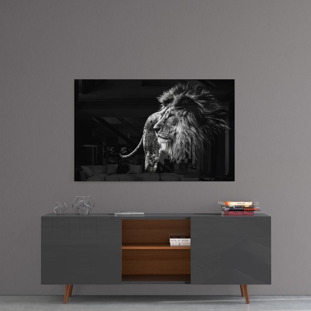 Tablou din sticla securizata, 1108b, Model leu, 110x70 cm, Alb/Negru ...