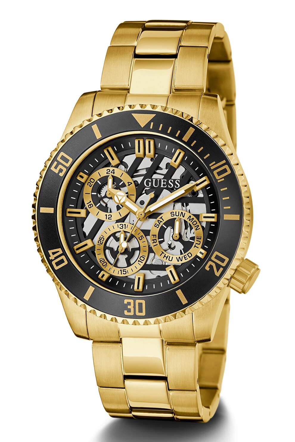 Guess, Ceas cu functii multiple si bratara din otel inoxidabil, Gold ...