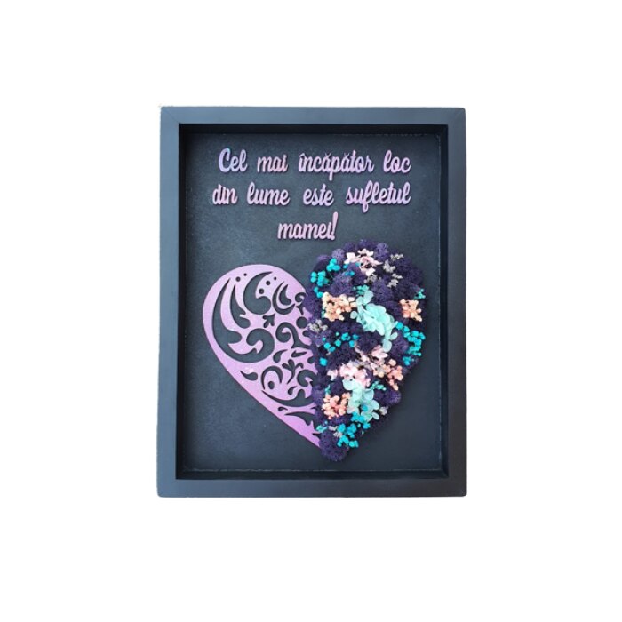 Tablou Inima cu licheni si flori stabilizate cu mesaj pentru Mama ...