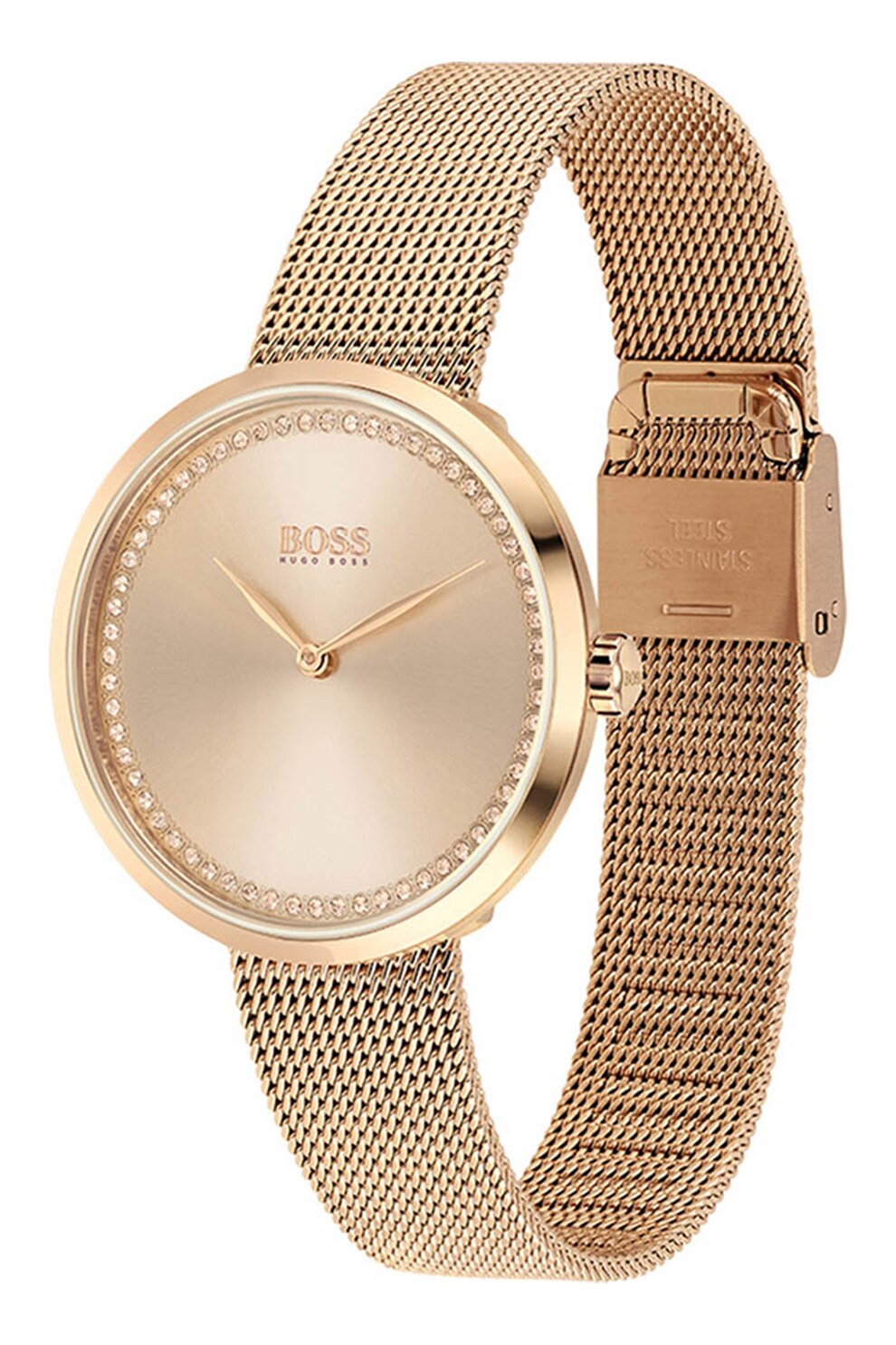 BOSS, Часовник с верижка от неръждаема стомана и кристали, Rose Gold ...