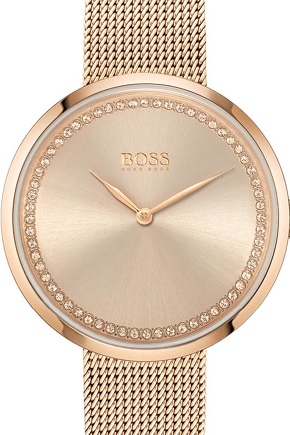 BOSS, Часовник с верижка от неръждаема стомана и кристали, Rose Gold ...