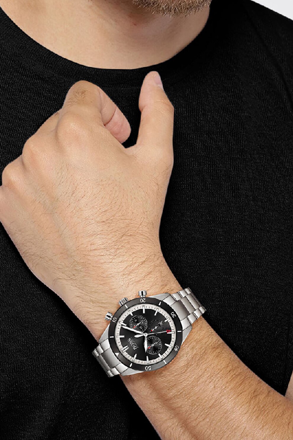 BOSS, Часовник с хронограф и верижка от неръждаема стомана, Сребрист ...