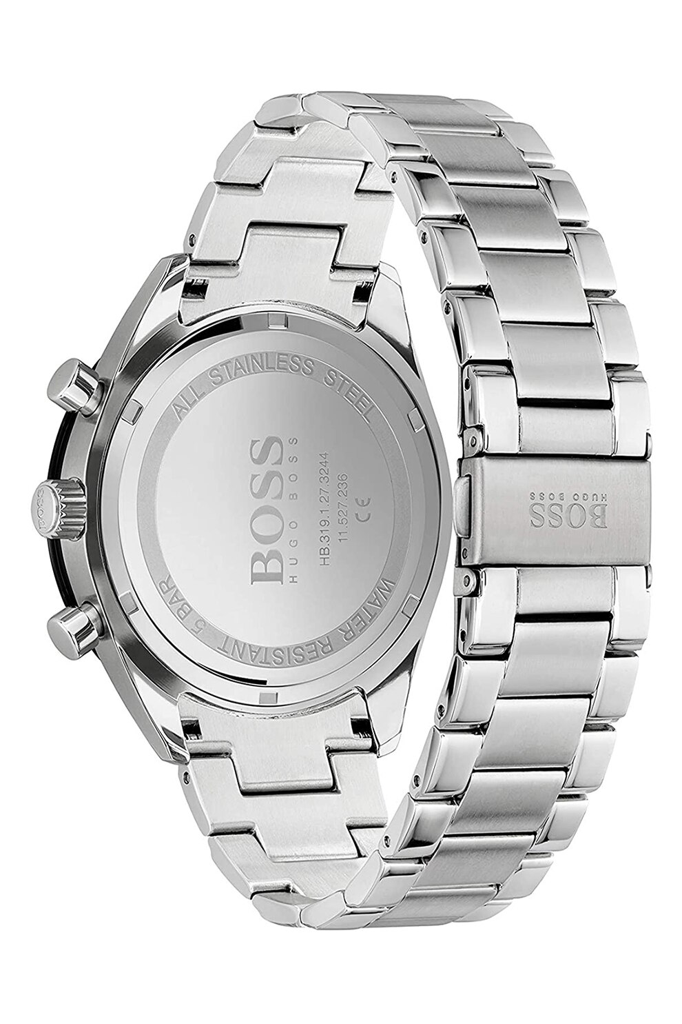 BOSS, Часовник с хронограф и верижка от неръждаема стомана, Сребрист ...