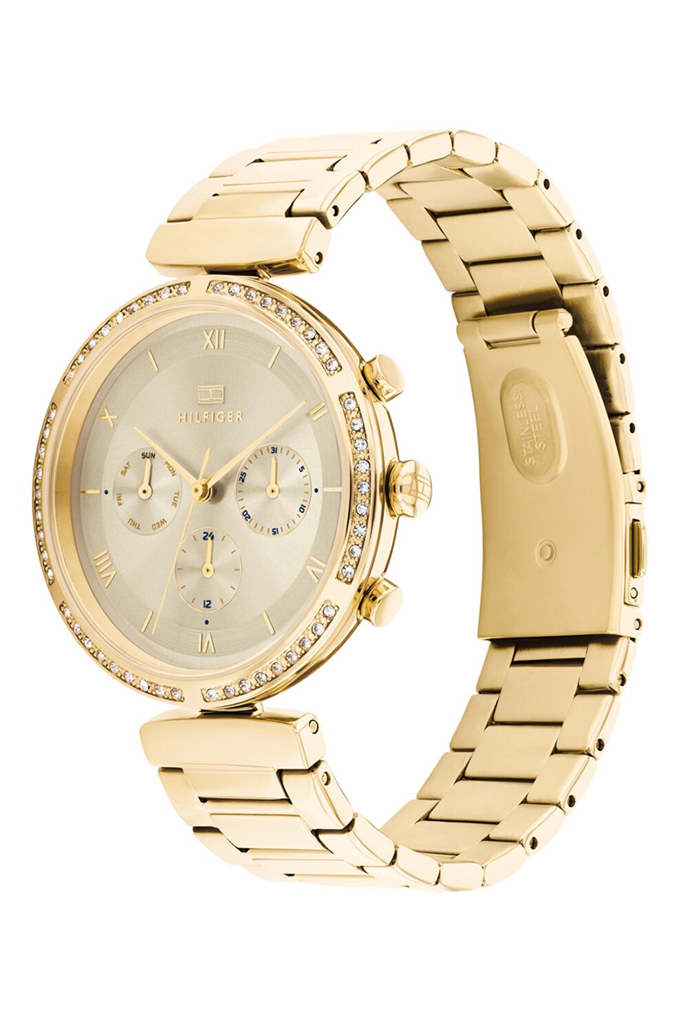 Tommy Hilfiger, Ceas din otel inoxidabil decorat cu cristale, Auriu ...