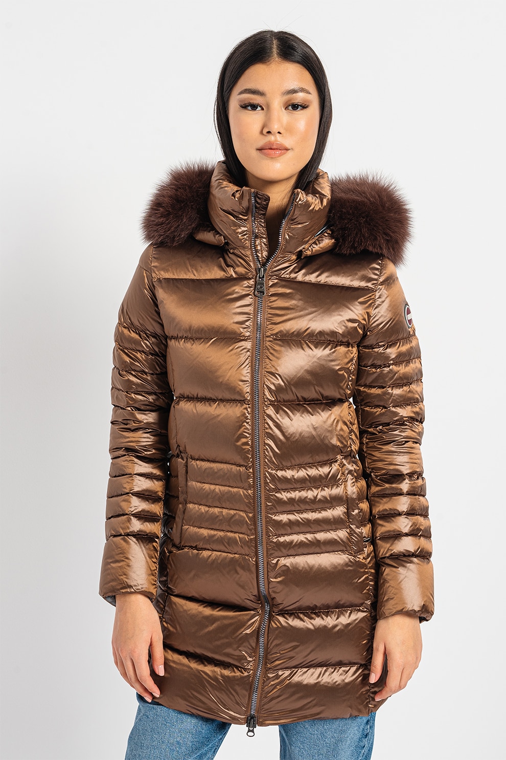 Colmar, Geaca lunga cu umplutura de puf si gluga detasabila, Maro, 44 ...
