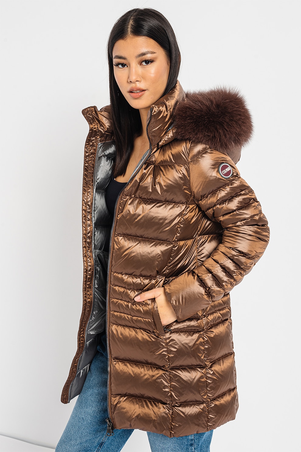 Colmar, Geaca lunga cu umplutura de puf si gluga detasabila, Maro, 44 ...