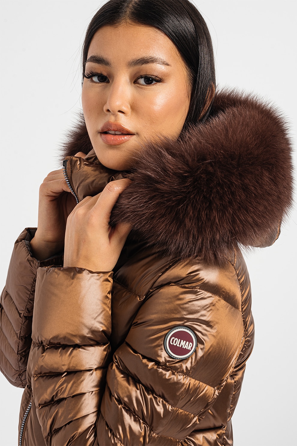 Colmar, Geaca lunga cu umplutura de puf si gluga detasabila, Maro, 44 ...