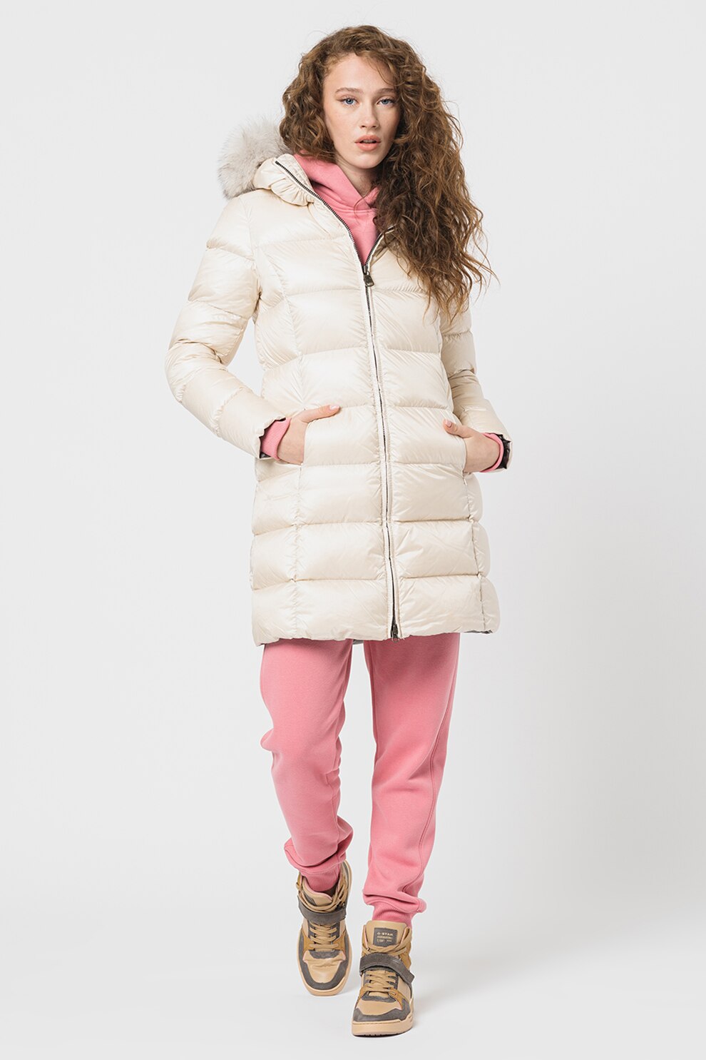 Colmar, Geaca cu umplutura de puf si detaliu de blana, Alb murdar, 44 ...