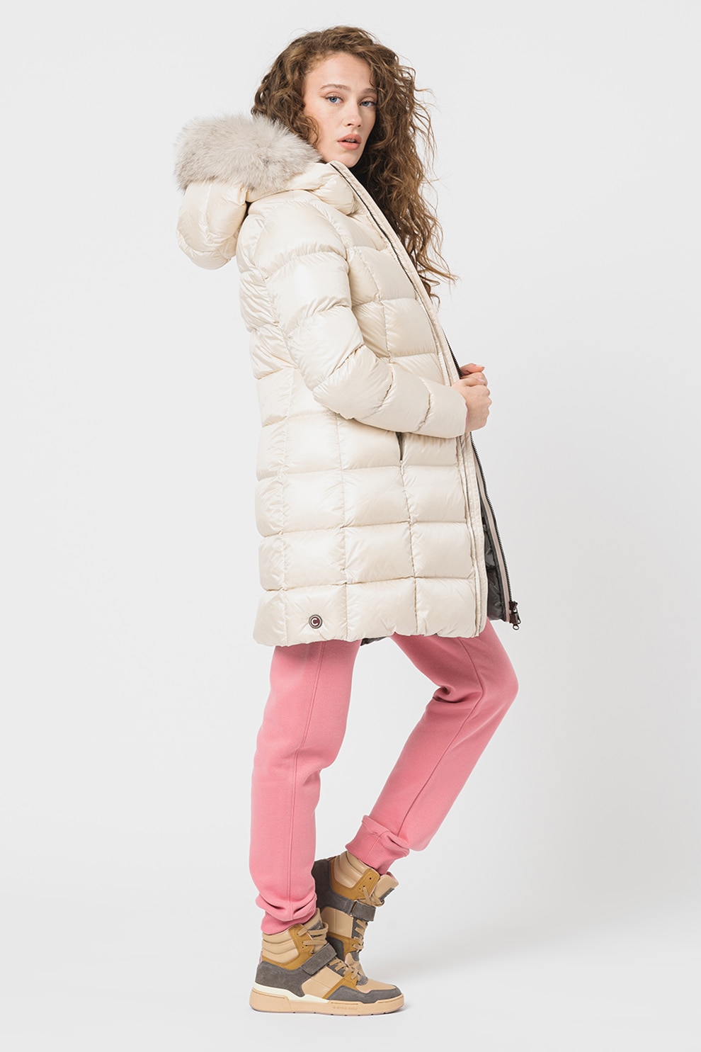 Colmar, Geaca cu umplutura de puf si detaliu de blana, Alb murdar, 44 ...
