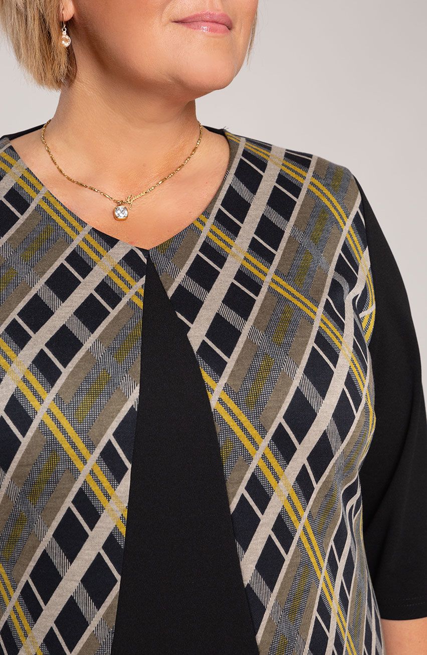 Rochie simpla, MDR24, maneca 3/4, negru cu carouri galben-gri, marimea ...