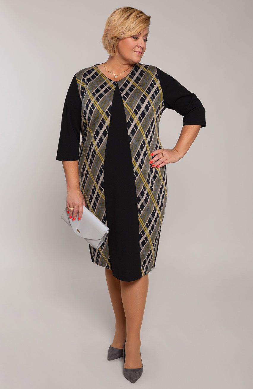 Rochie simpla, MDR24, maneca 3/4, negru cu carouri galben-gri, marimea ...