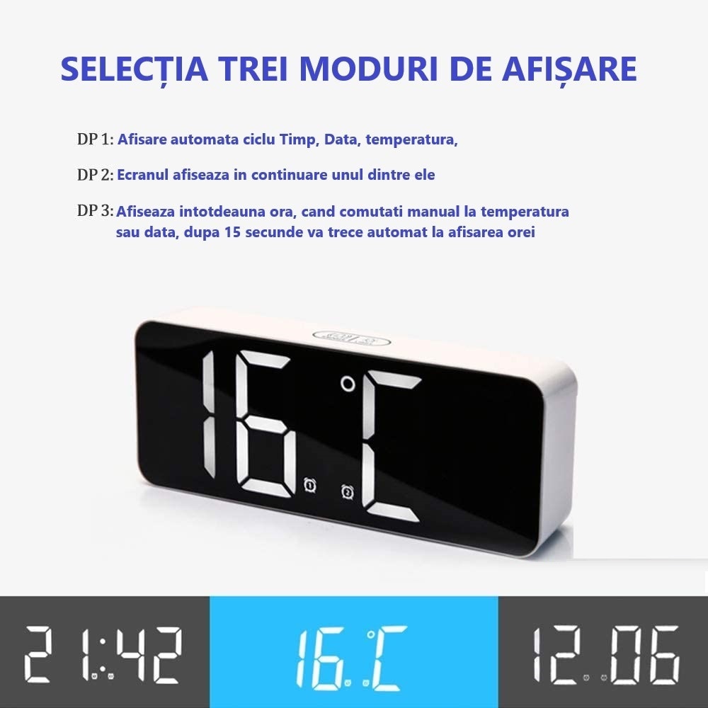 Ceas cu afisaj Led, Data, Ora, Temperatura si Alarma, alimentare USB 5V sau baterii, 003, Alb ...