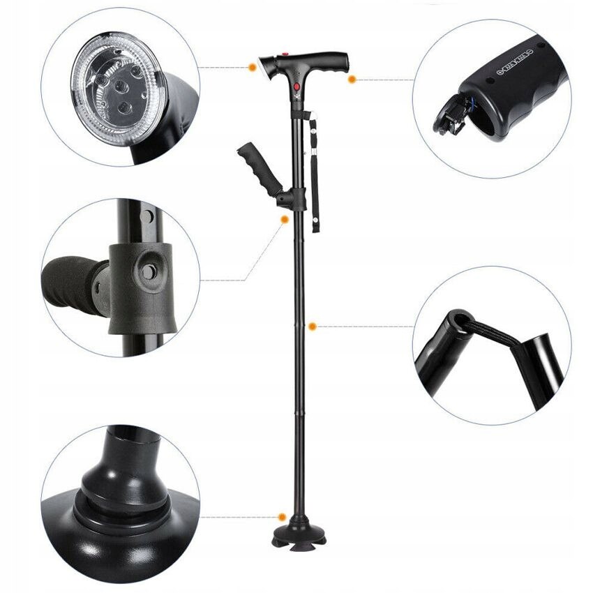 Baston multifunctional Inna, Cu lanterna LED, 4 Picioare, Antialunecare ...