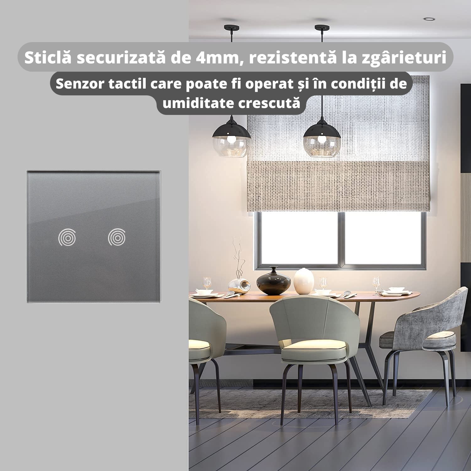 Intrerupator cu Touch, Sticla securizata rezistenta, Design Modern, 2 ...