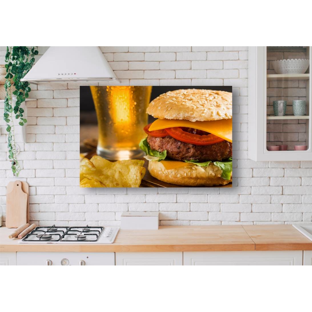 Sticker perete - Burger Cu Chipsuri Si Pahar De Bere, 120x80 cm - eMAG.ro