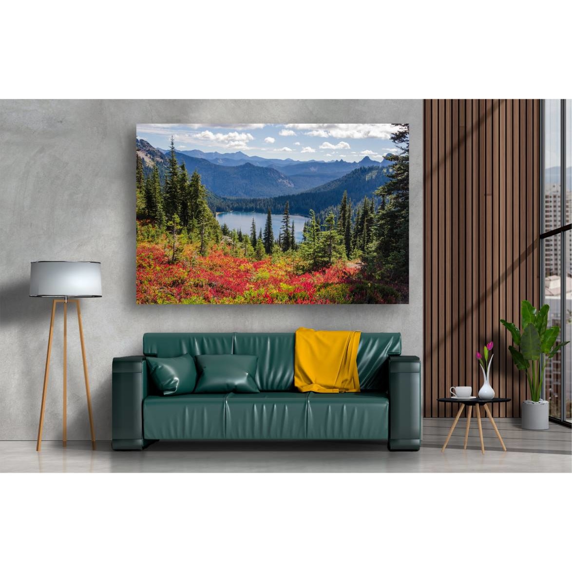 Sticker perete - Flori Rosii Si Copaci Verzi Langa Lac, 100x70 cm - eMAG.ro