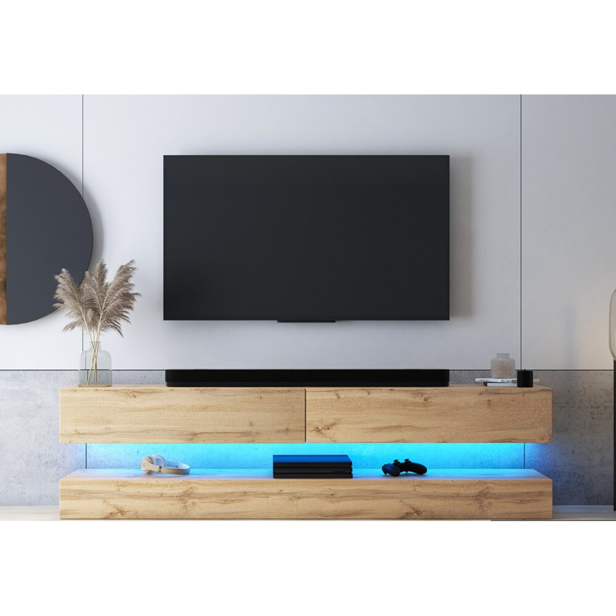 Comoda TV Fly, 140 x 45 x 34 cm, stejar, iluminat LED - eMAG.ro