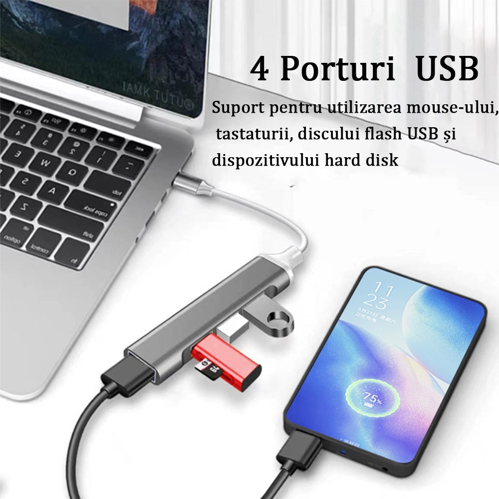 Hub 4in1, UAZEO, USB-C/USB, 55W, Argintiu - eMAG.ro