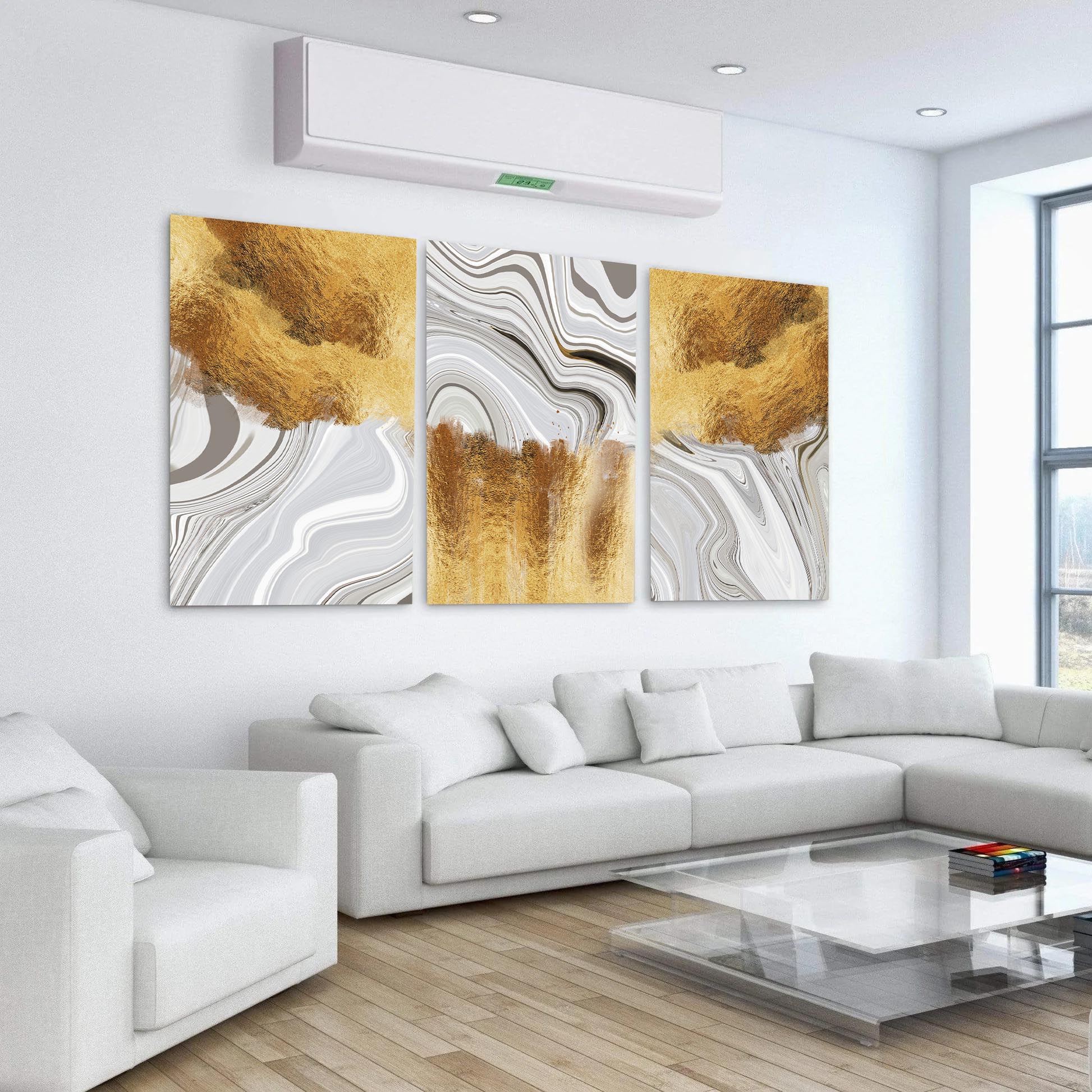 Set Tablouri Multicanvas 3 piese, Abstract Gold Sand, 30x60cm - eMAG.ro