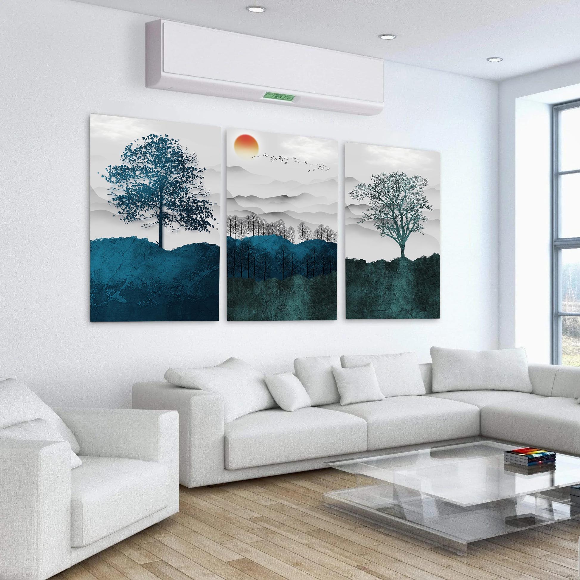 Set Tablouri Multicanvas 3 piese, Blue Abstract Mountain, 70x150cm ...