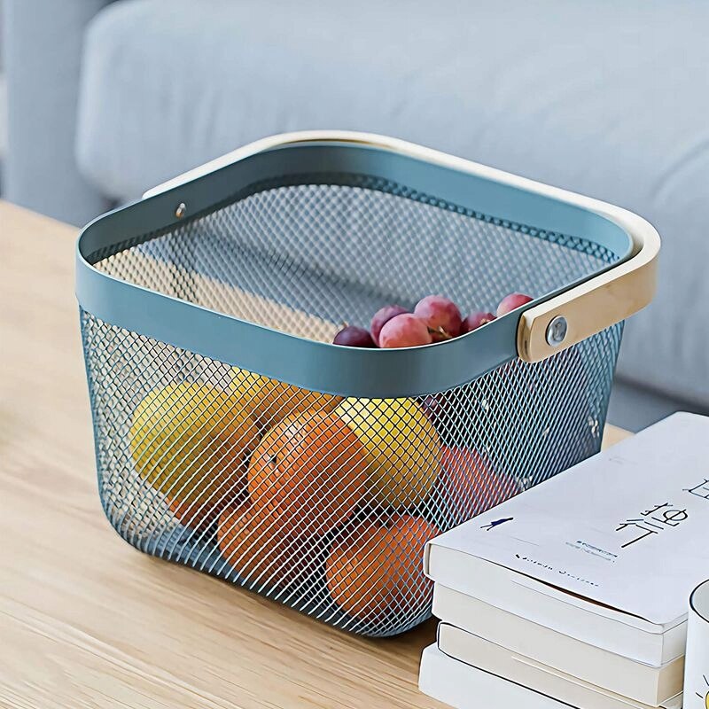 Cos de fructe in stil scandinav, Metal, 26x19x27 cm, Albastru deschis ...