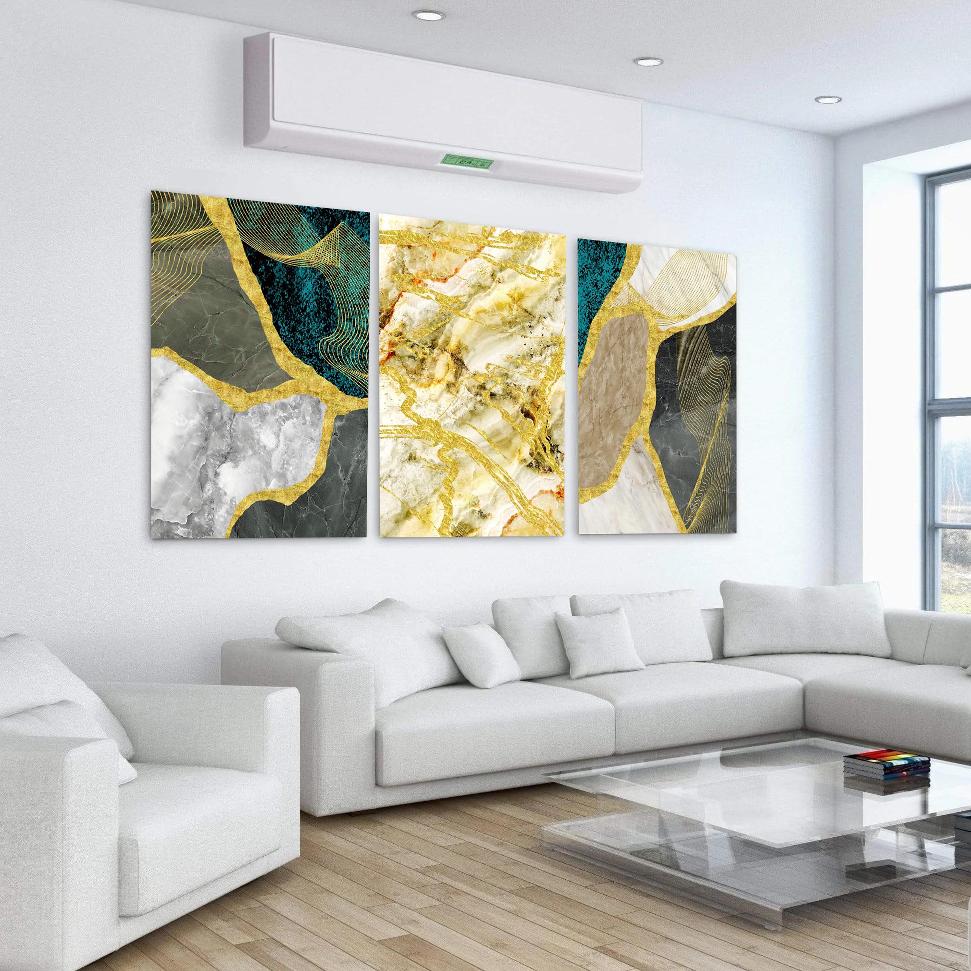 Set Tablouri Multicanvas 3 piese, Golden Marble Lines, 30x60cm - eMAG.ro