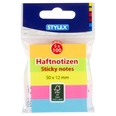 Index autoadeziv din hartie multicolor Stylex 50x12 mm, 5 culori x 100 ...