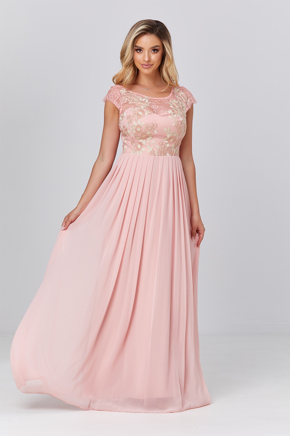 BAROCCA, Rochie maxi cu broderie florala in partea superioara, Roz ...