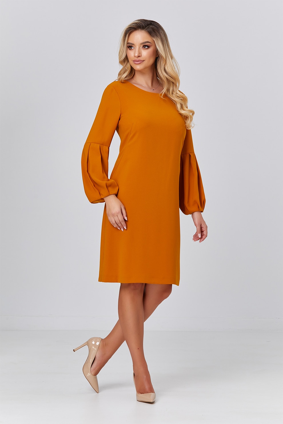 BAROCCA, Rochie cu croiala dreapta si maneci bufante, Ocru, 42 - eMAG.ro