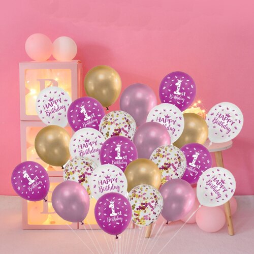Set 24 Baloane Aniversare 1 An, Roz, Alb, Transparent Cu Confetti ...
