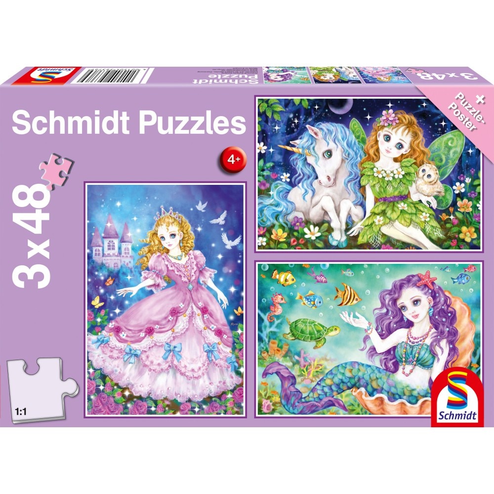 Schmidt puzzle - Hercegnő, tündér és sellő, 3x48 darab, plakáttal - eMAG.hu