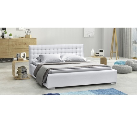 Pat tapitat de dormitor, 160x200, piele eco alb, cu suport saltea ...