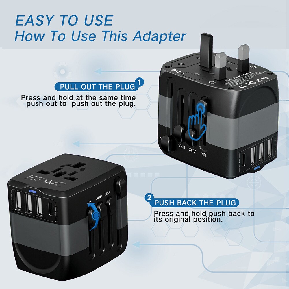 Adaptor incarcator universal priza de calatorie, 2400 W, cu 3 USB si 1 ...