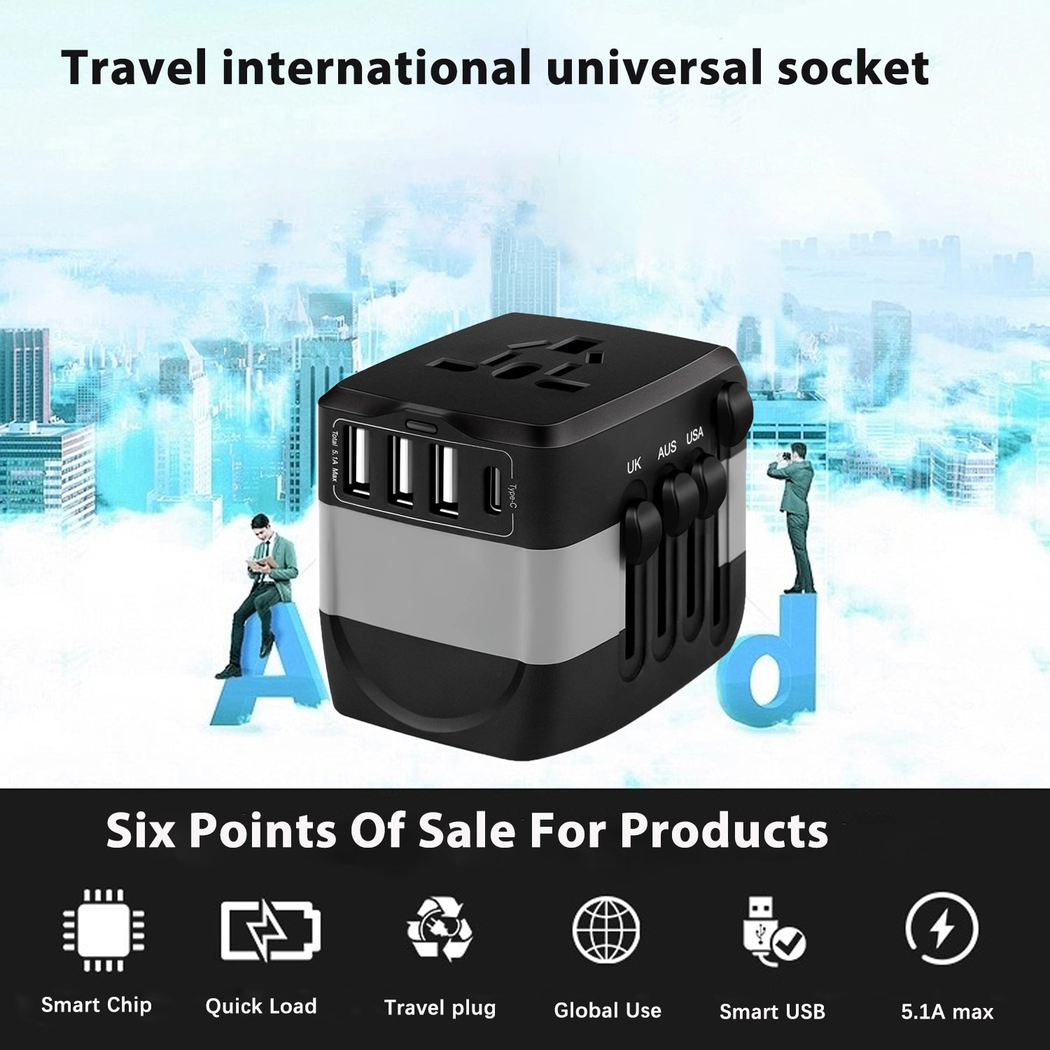 Универсален адаптер за контакт 2400 W Usb Usb C Черен Emag Bg