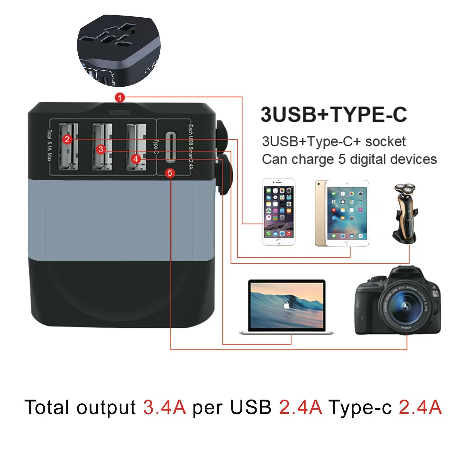 Универсален адаптер за контакт 2400 W Usb Usb C Черен Emag Bg