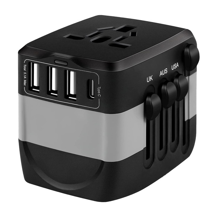Adaptor incarcator universal priza de calatorie, 2400 W, cu 3 USB si 1 ...