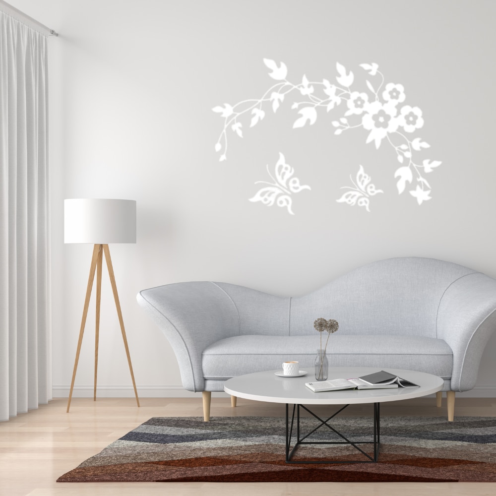 Sticker decorativ 3D cu Flori si fluturasi, 28cm x 34 cm, culoare alb ...