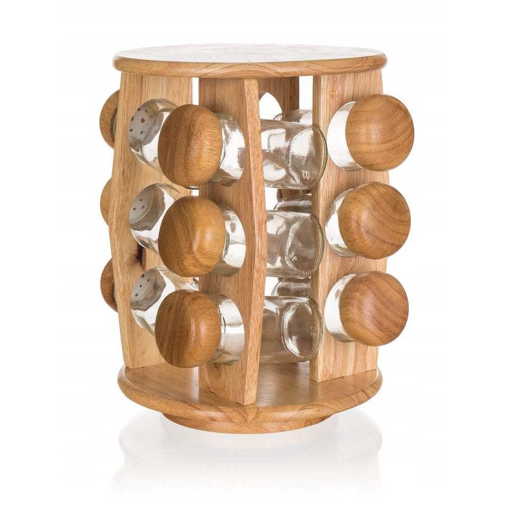 Set 12 recipiente condimente cu suport, Lemn/Sticla, Maro - eMAG.ro