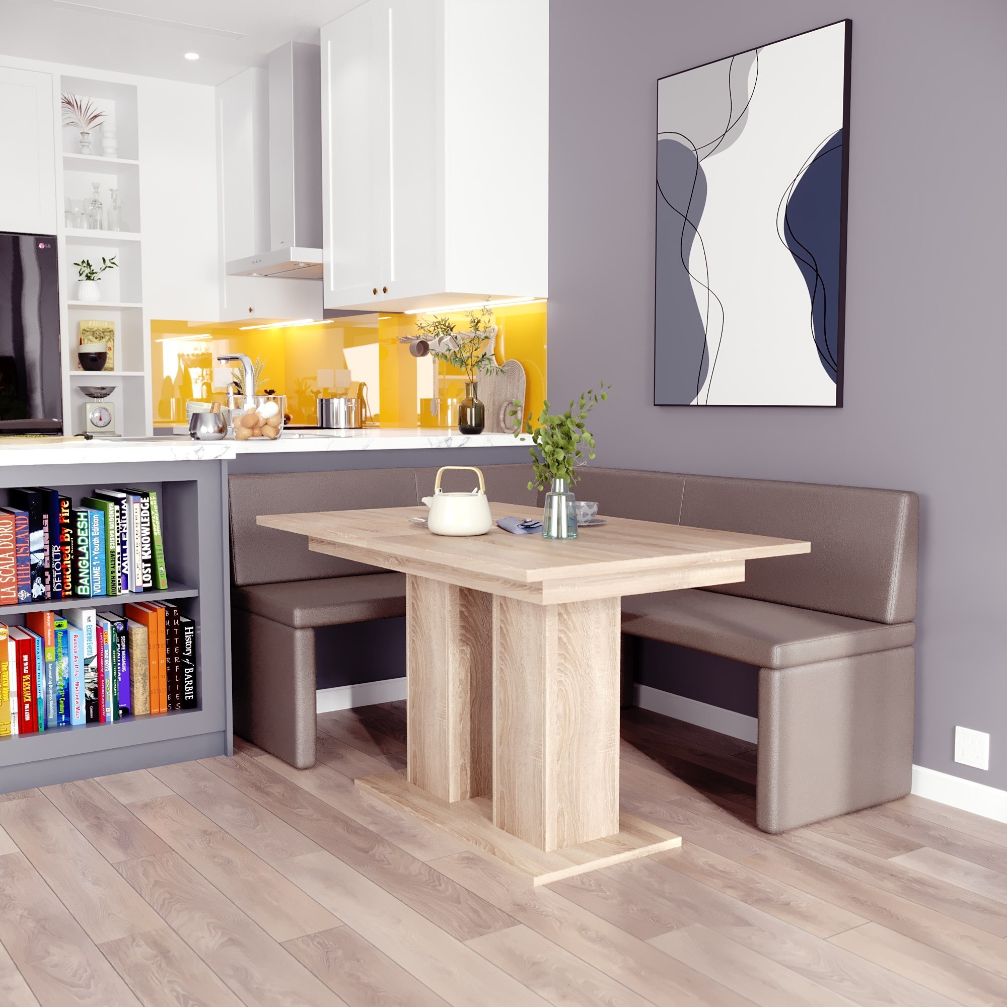 Masa si scaune de colt, AKIKO, 196x142, Gri/Maro deschis - eMAG.ro