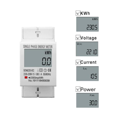 Електромер, С цифров дисплей със светлина, Монофазен AC 220V, 230V ...
