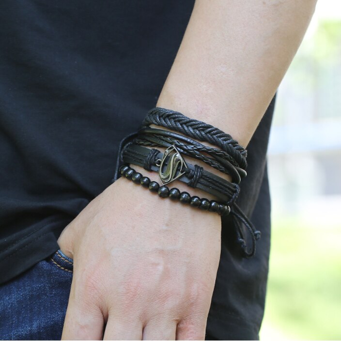 Set bratari barbati, Piele naturala, Negru - eMAG.ro